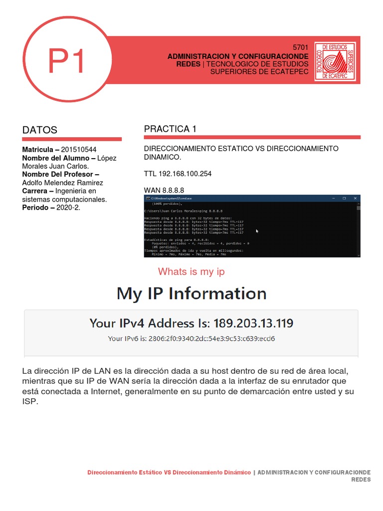 Practica 1 - Direccionamiento Estatico VS Dinamico | PDF | Dirección IP | Enrutador (Computación)