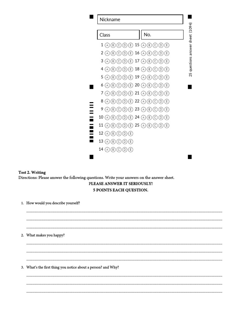 25 Questions Answer Sheet | PDF