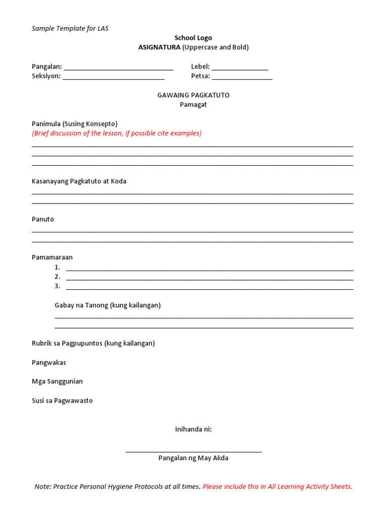 Sample Template For Learning Activity Sheet (LAS) TAGALOG | PDF