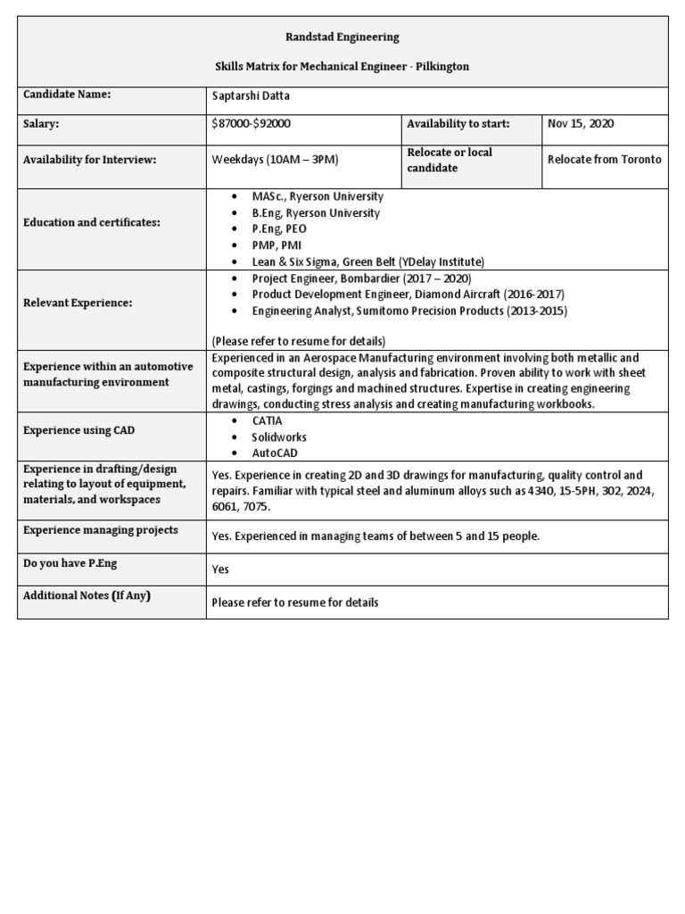 Skills Matrix - Pilkington - Mechanical Engineer - Saptarshi Datta ...