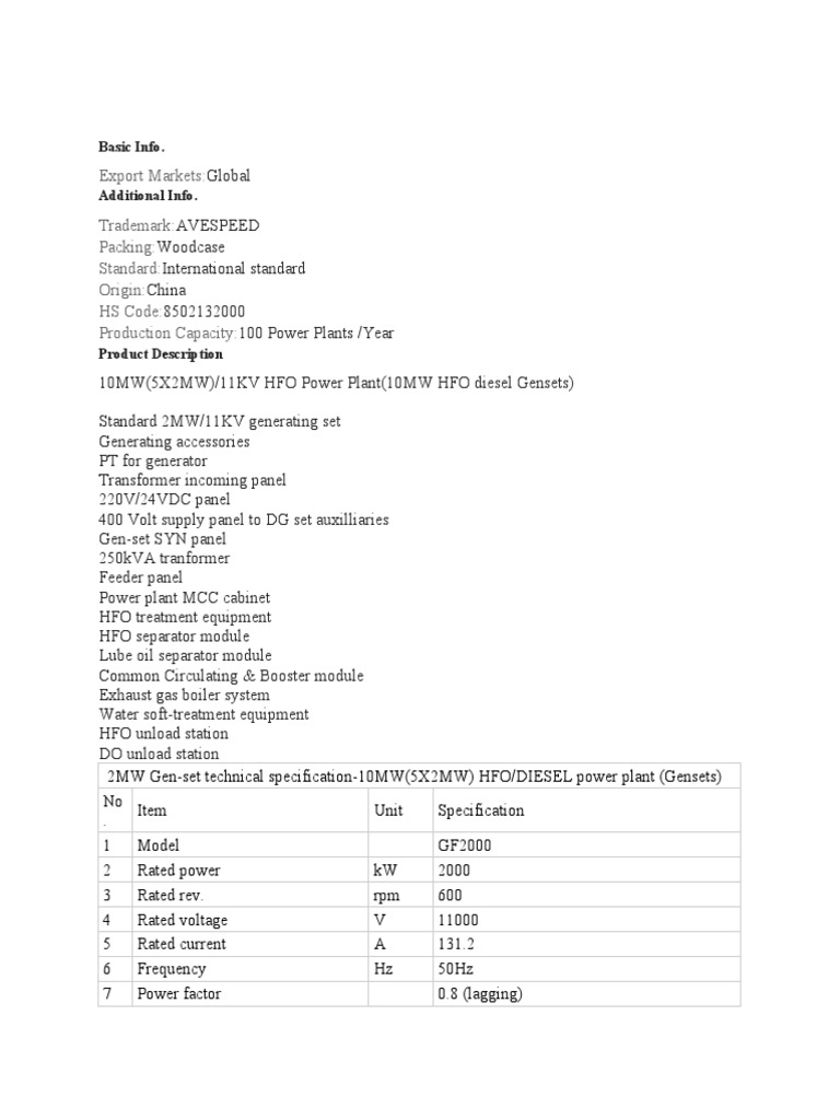 Diesel Generator Technical Specification | PDF | Diesel Engine | Energy ...