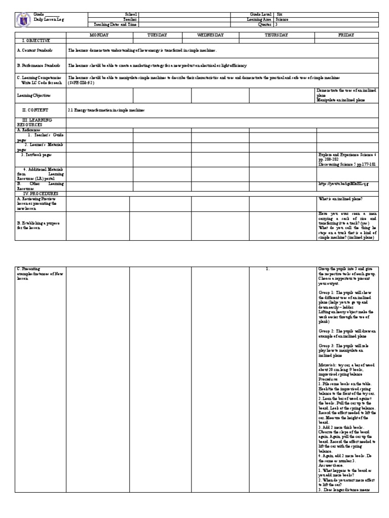 Simple Machines Lesson Plan for Grade 6 | PDF | Lesson Plan | Machines