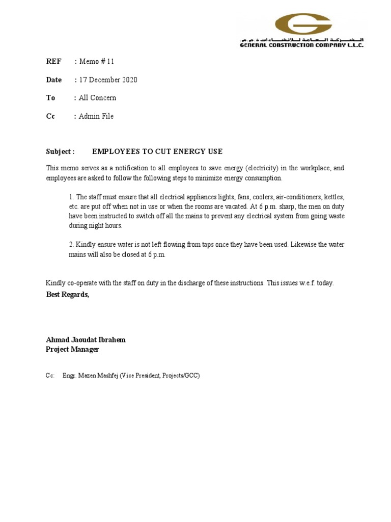 Energy Conservation Memo for Employees | PDF | Technology & Engineering