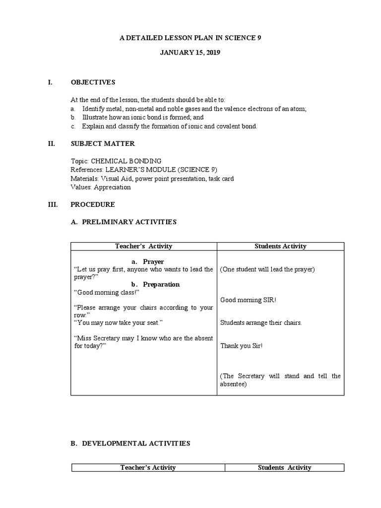 Grade 9 Chemical Bonding Lesson Plan | PDF | Chemical Bond | Covalent Bond