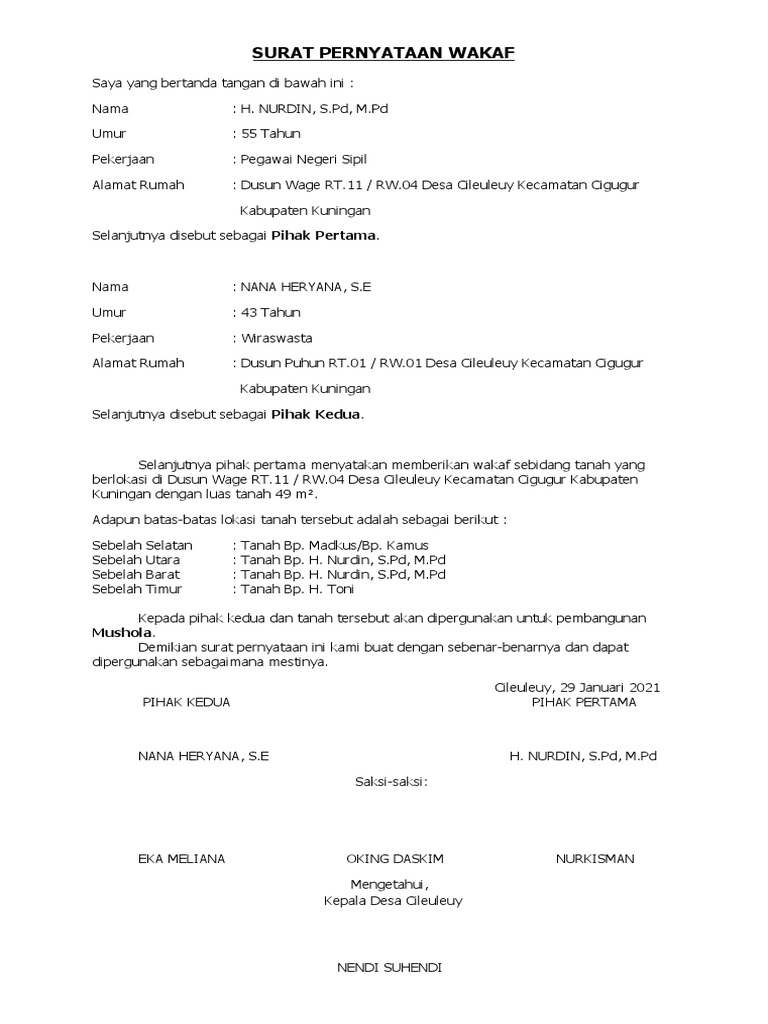 Surat Pernyataan Wakaf | PDF