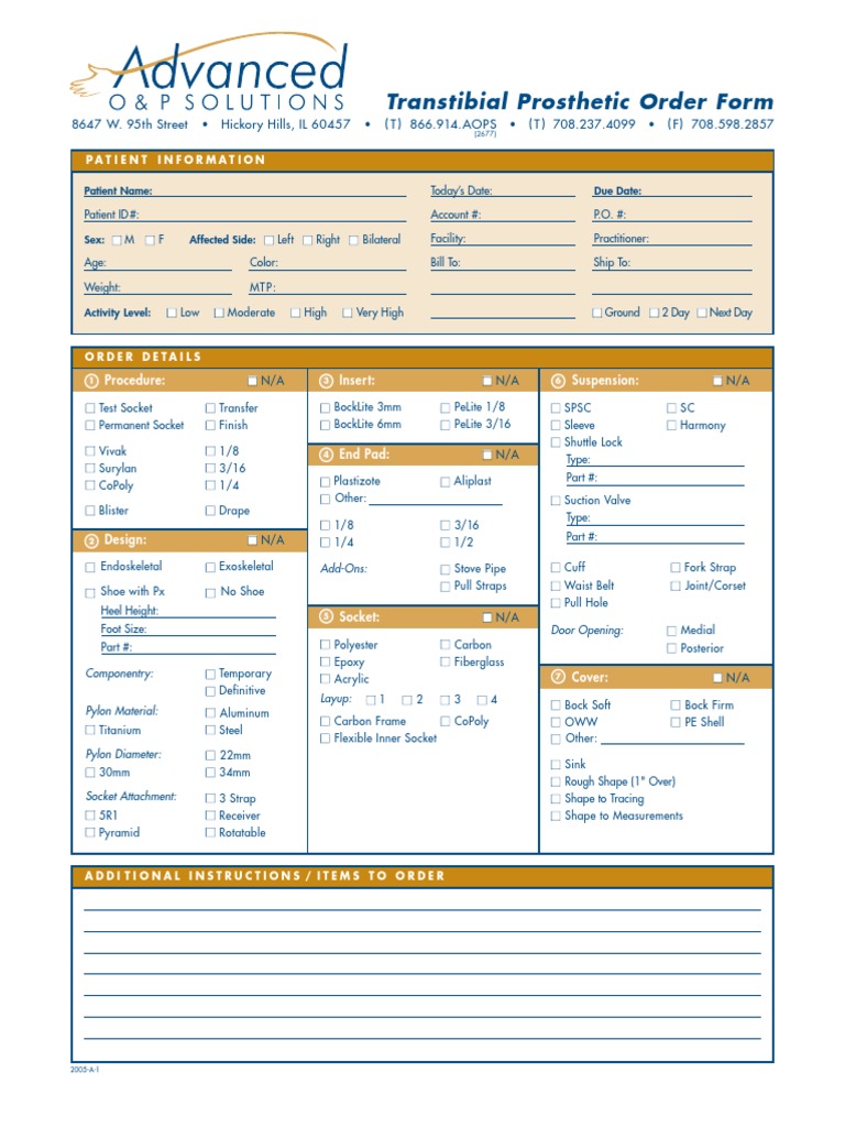 Transtibial Prosthetic Order Form | PDF | Equipment | Manufactured Goods