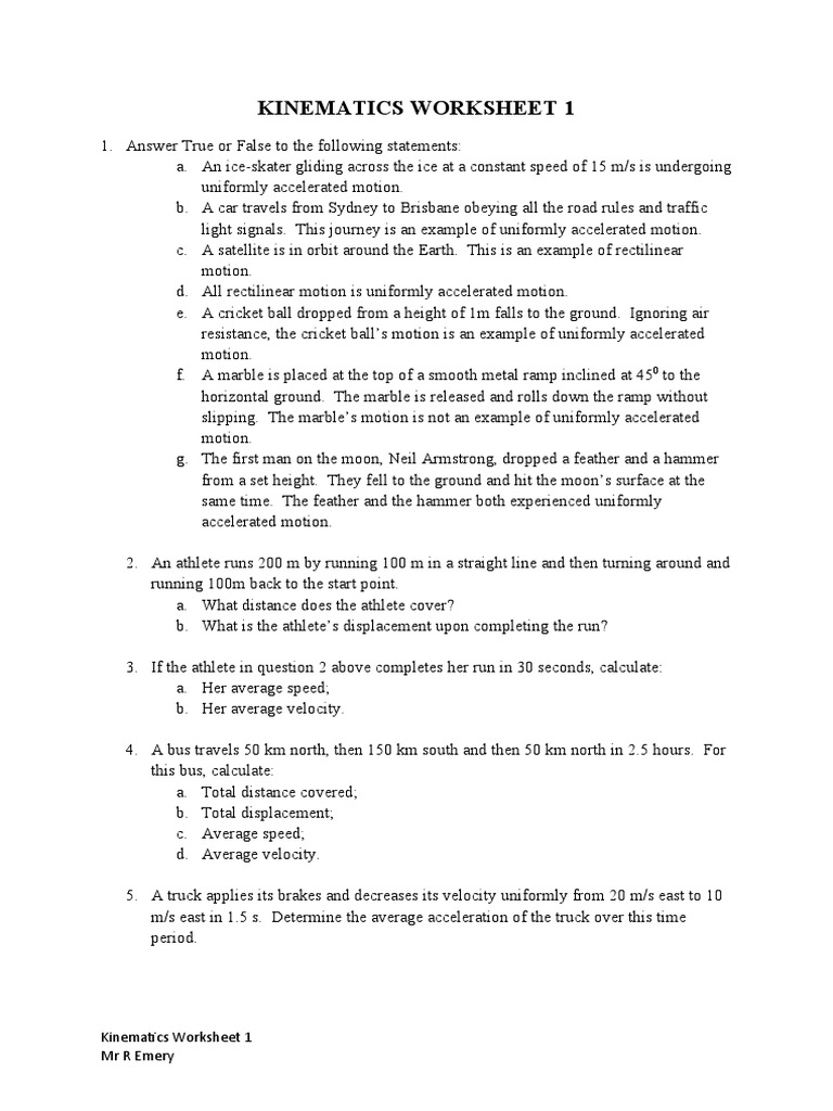 Kinematics Worksheet 1 | PDF | Acceleration | Speed