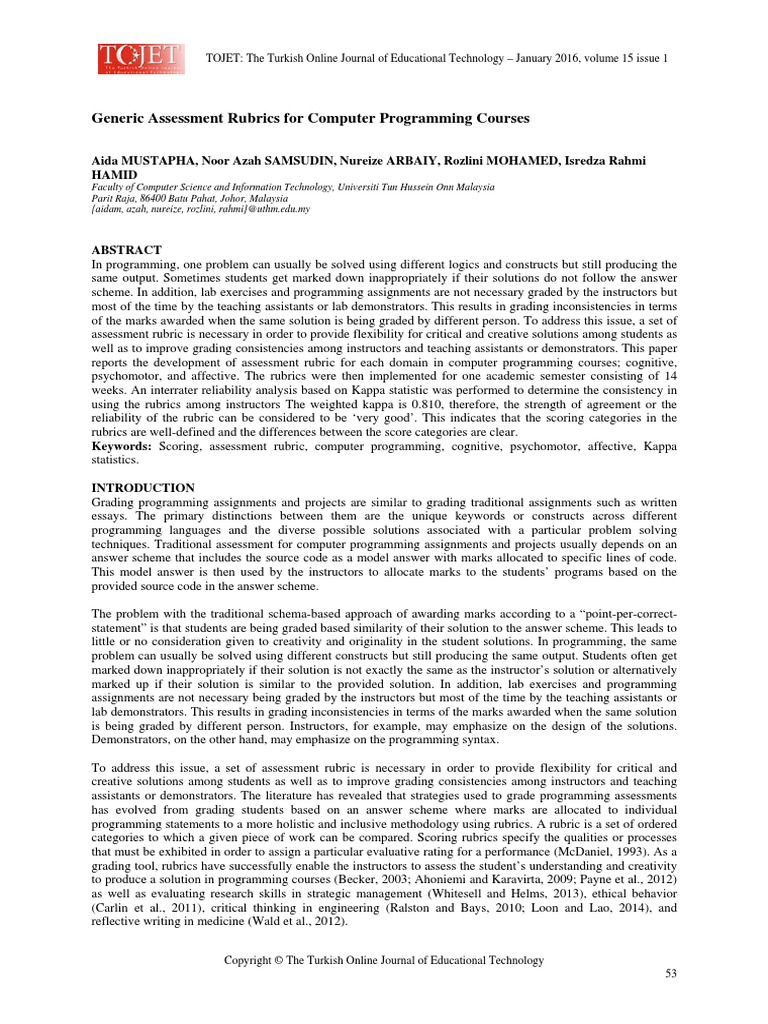 Generic Assessment Rubrics For Computer Programming Courses | PDF ...