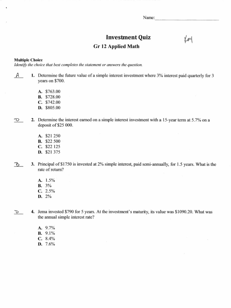 Simple Interest - Quiz - Answers | PDF