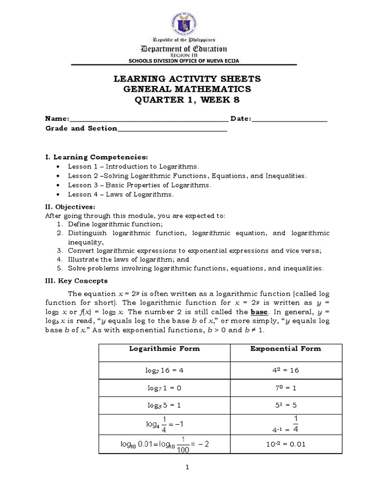 GenMath LAS q1 w8 Logarithmic-Function | PDF | Logarithm | Function (Mathematics)
