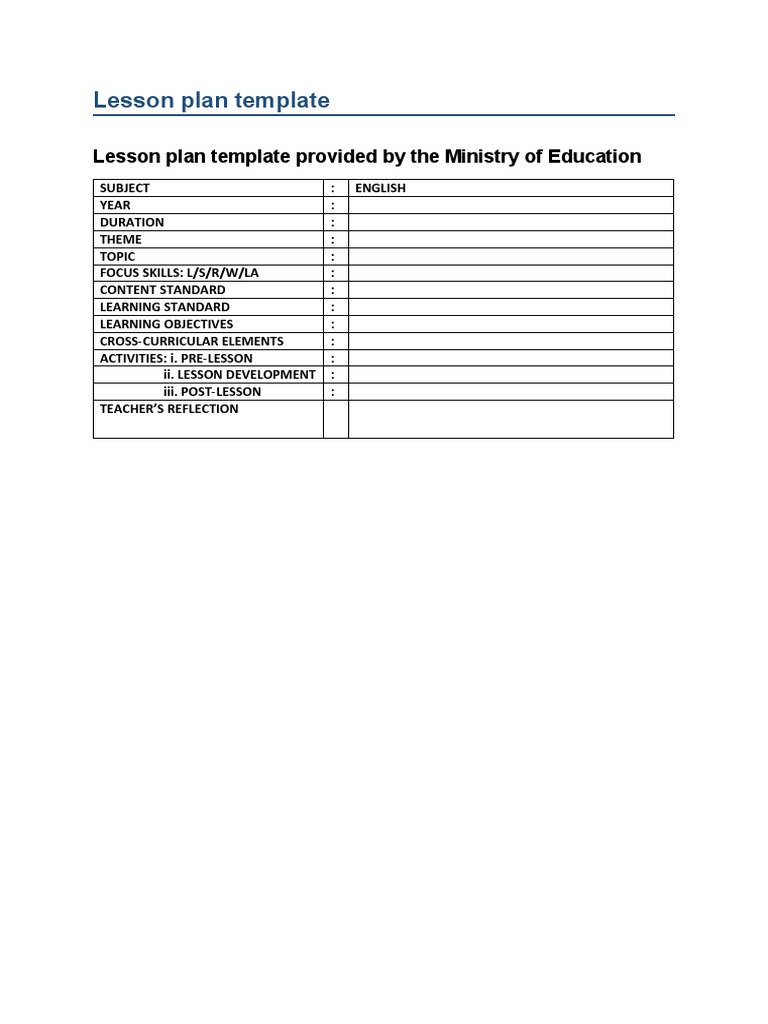 Lesson Plan Template Provided by The Ministry of Education | PDF