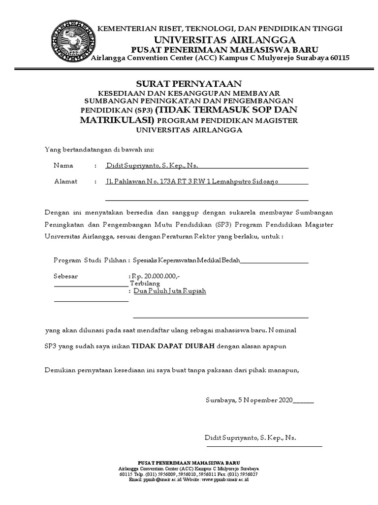 SURAT PERNYATAAN SP3 SP KepMB, DIDIT 2020 | PDF