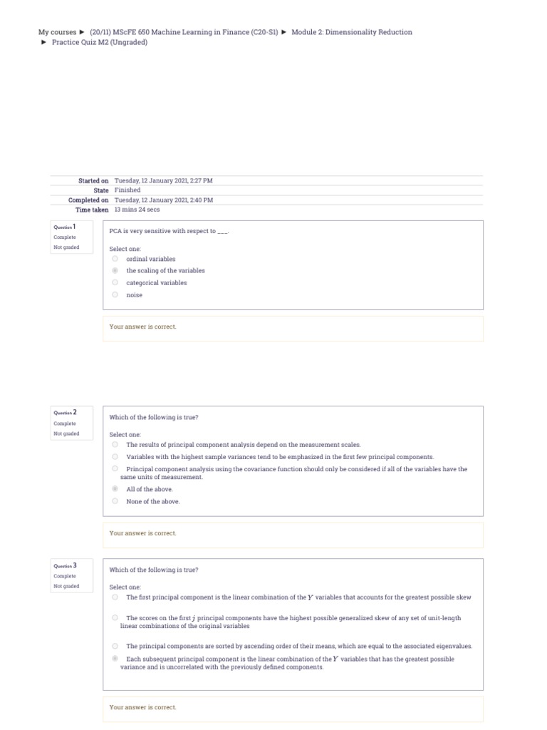 Dimensionality Reduction in PCA Quiz | PDF | Principal Component Analysis | Machine Learning