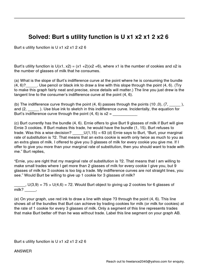 Burt S Utility Function Is U x1 x2 x1 2 x2 6 | PDF