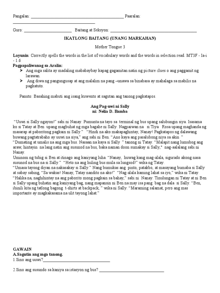 MTB 3 Activity Sheets First Grading Period | PDF