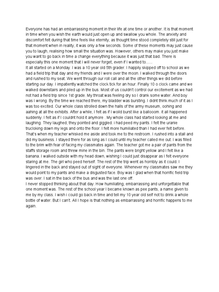 An Embarrassing Experience, Narrative Essay | PDF