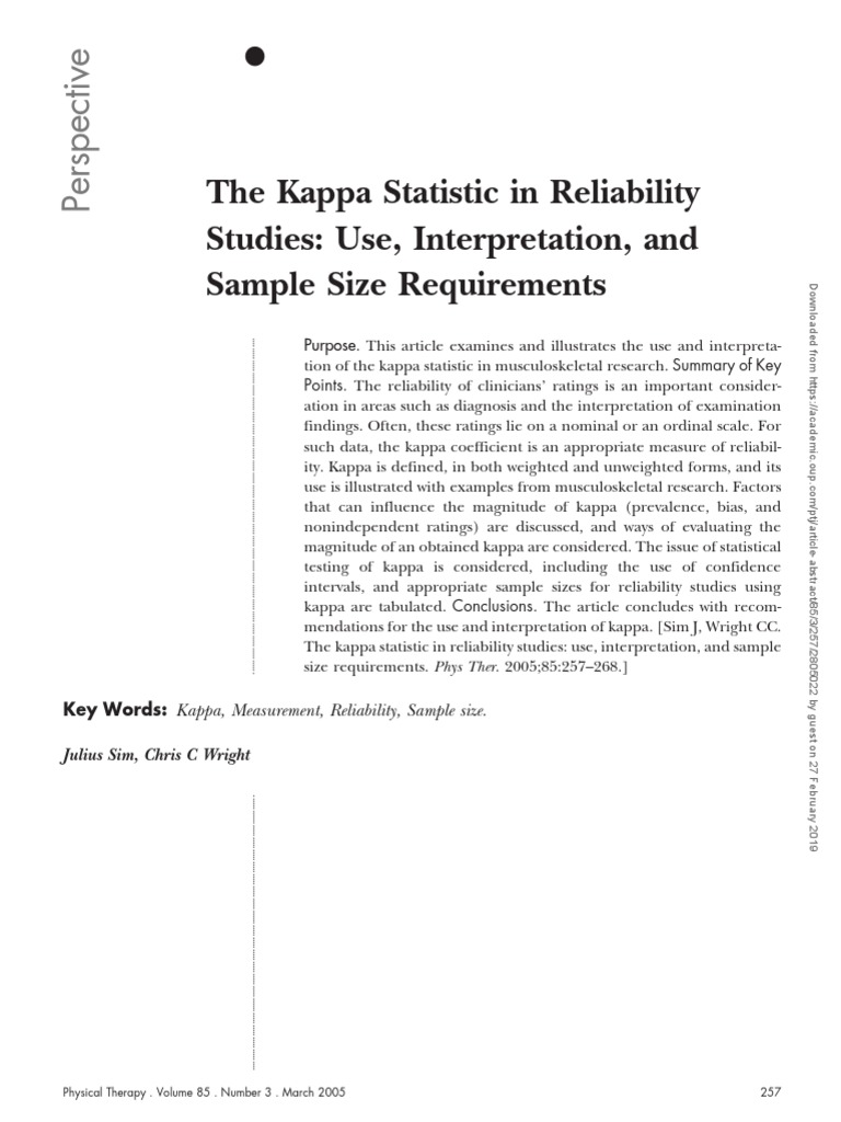 The Kappa Statistic in Reliability Studies: Use, Interpretation, and ...