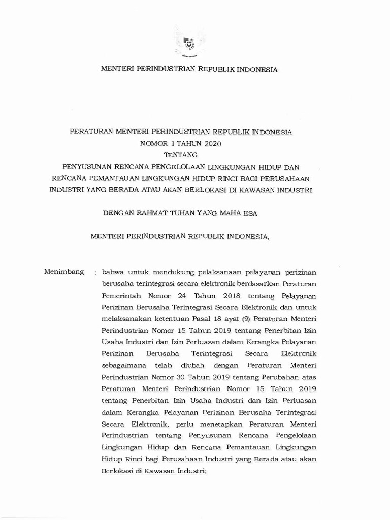 Permenperin 1-2020 RKL-RPL Rinci Di Kawasan Industri | PDF
