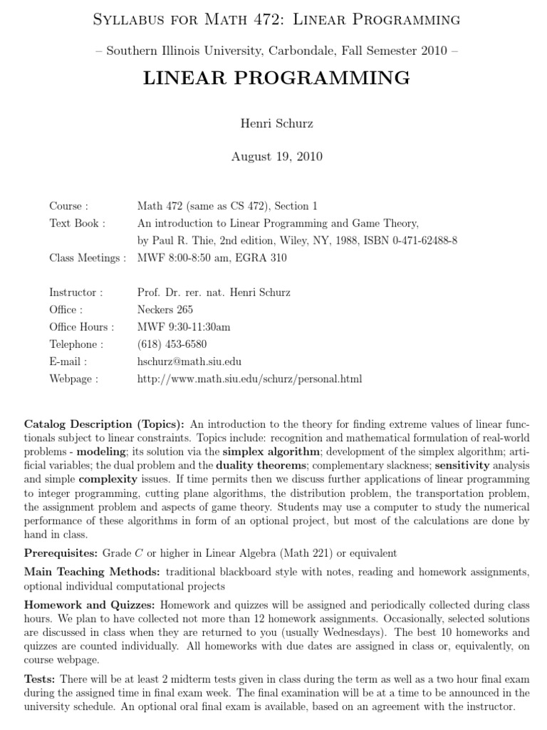An In-Depth Look at the Syllabus for Math 472: Linear Programming | PDF ...