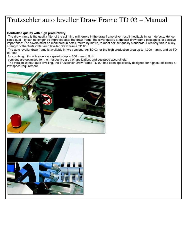 Trutzschler Auto Leveller Draw Frame TD 03 - Manual | PDF | Electric ...