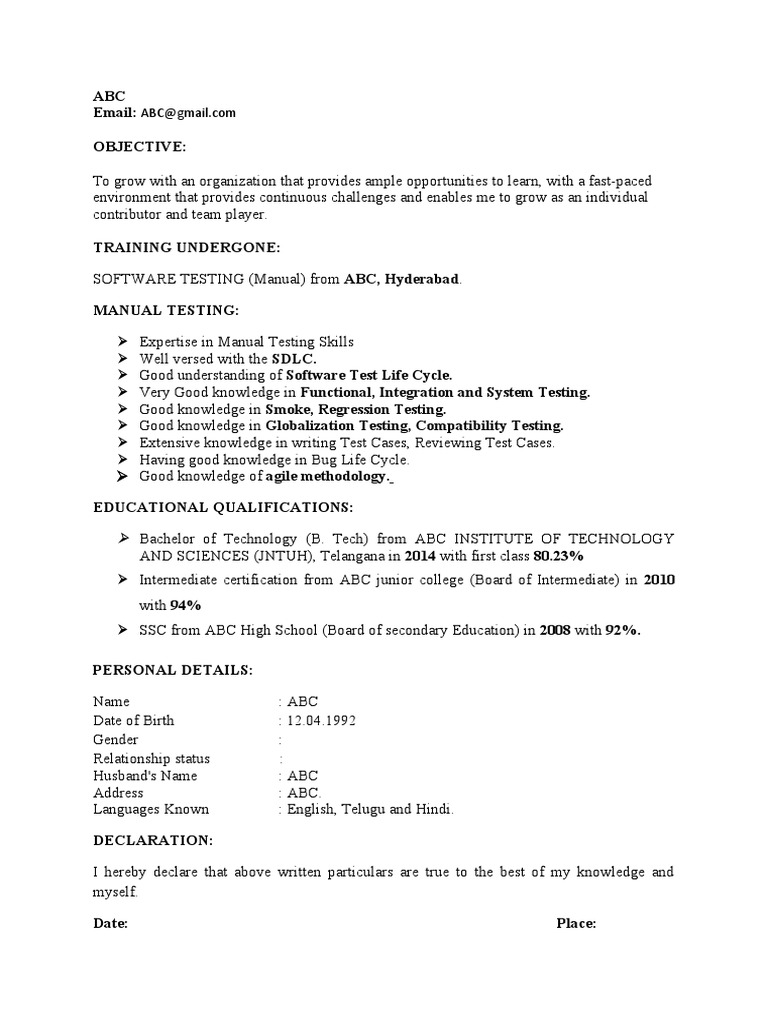 Manual Testing Fresher Resume Sample | PDF