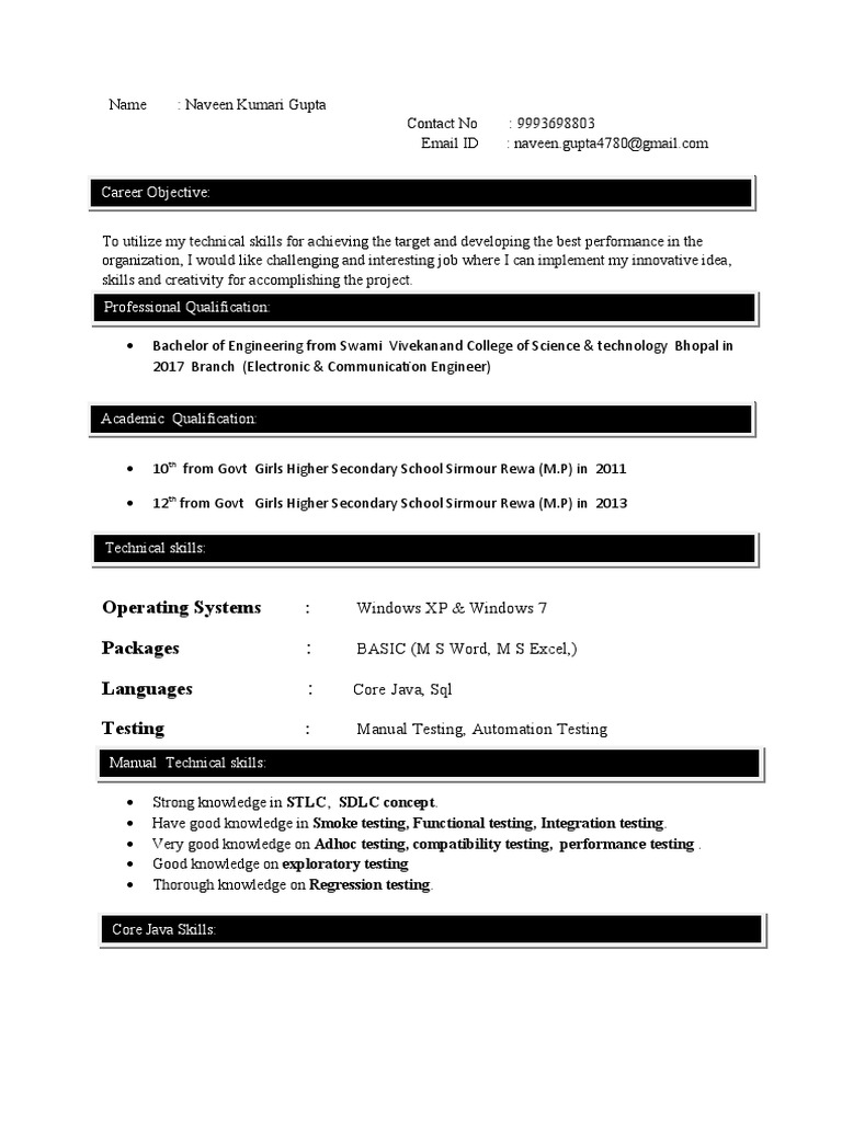 Manual Testing Fresher Resume 1 | PDF | Method (Computer Programming ...