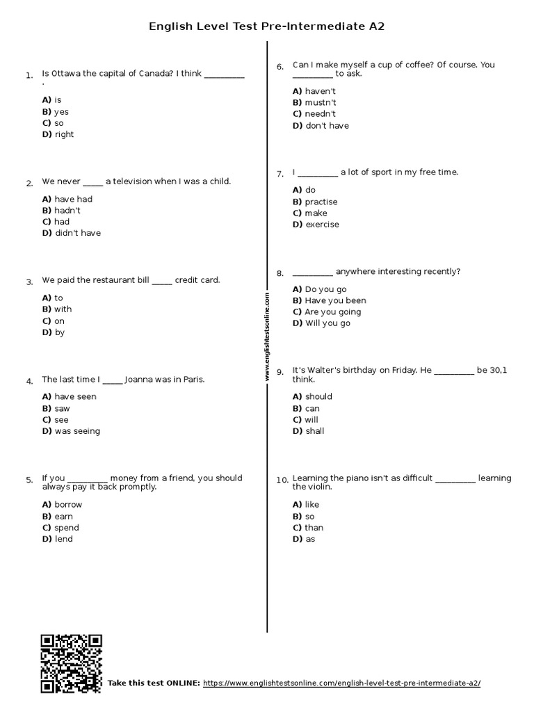 A2 Pre-Intermediate English Test | PDF | Business