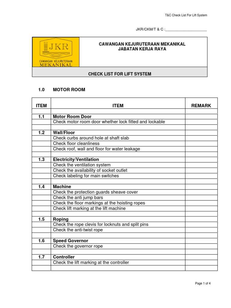Lift System Inspection Checklist | PDF | Elevator | Door