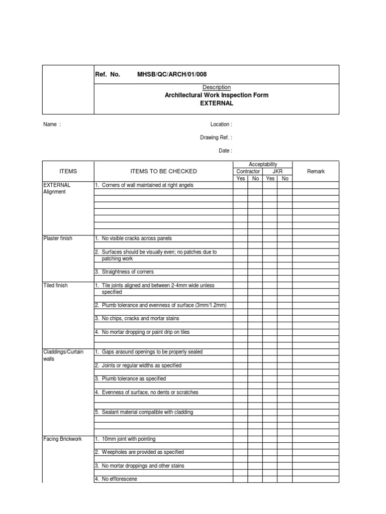 Ref. No. MHSB/QC/ARCH/01/008 Architectural Work Inspection Form ...