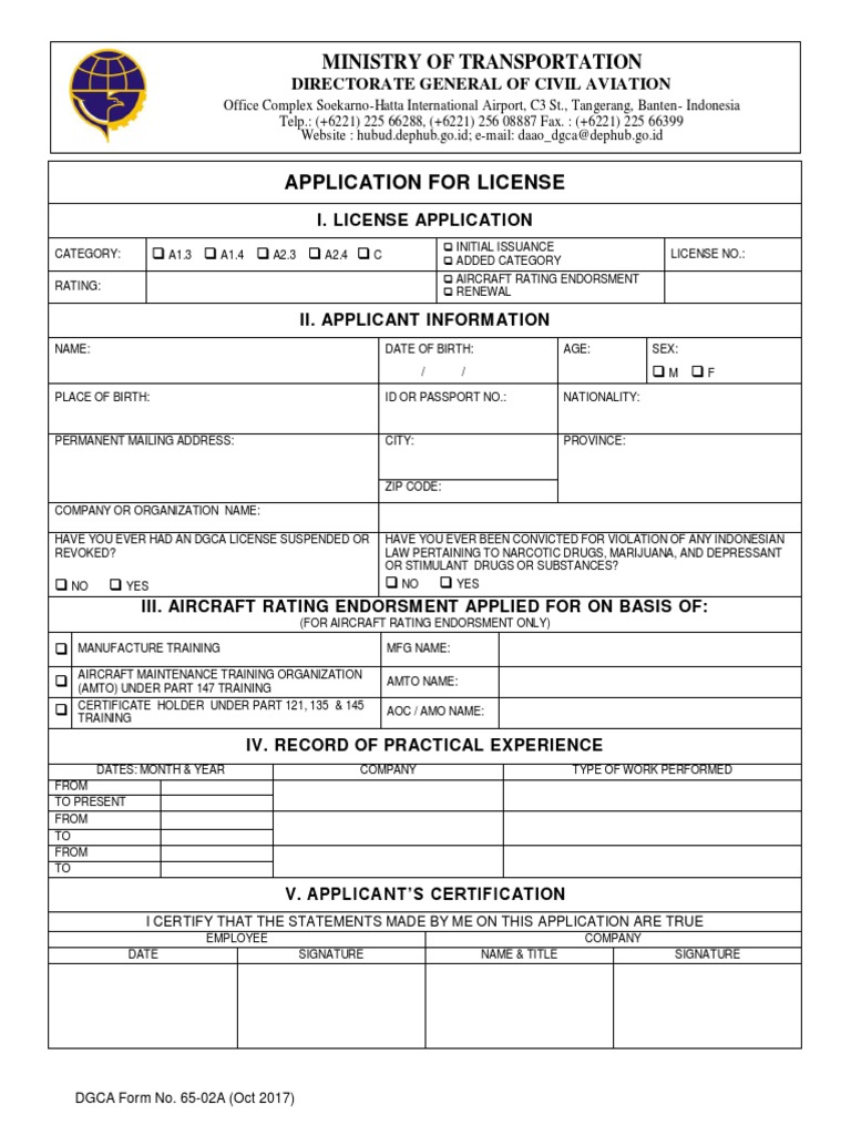 DGCA Form 65-02A Application For License - Oct 2017 | PDF