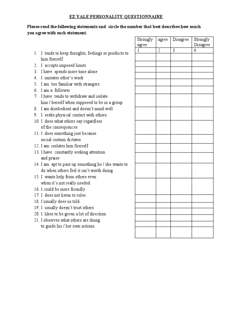 EZ Yale Personalty Questionnaire | PDF