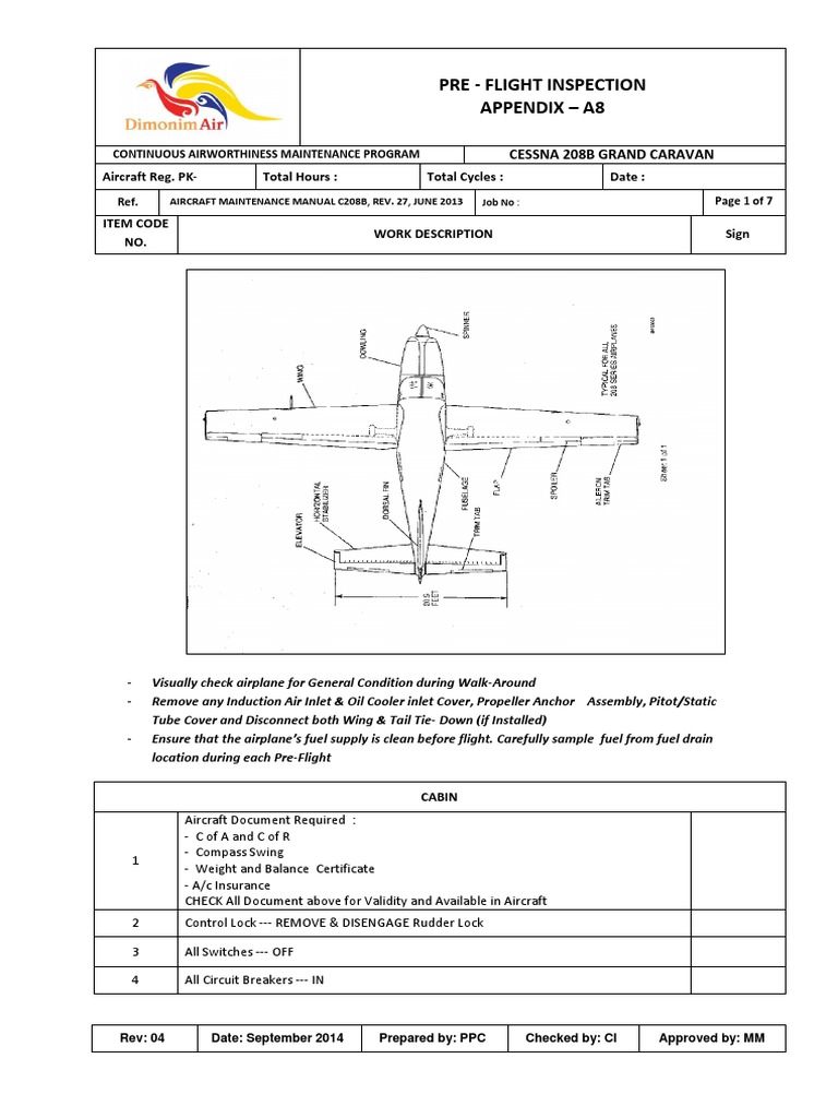 Pre - Flight Inspection Appendix - A8: Aircraft Reg. PK-Total Hours ...
