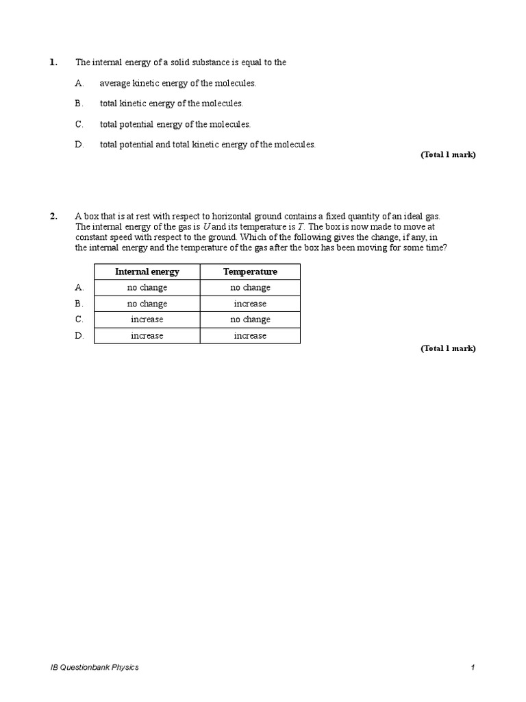 (Total 1 Mark) : IB Questionbank Physics 1 | PDF | Heat Capacity ...