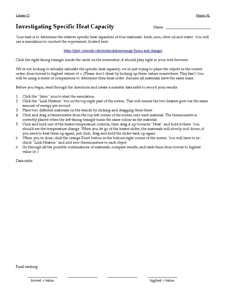 Investigating Specific Heat Capacity | PDF | Games & Activities ...