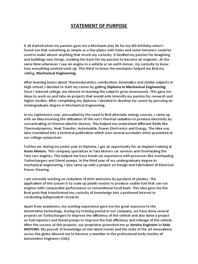Mechanical Engineering Statement of Purpose | PDF | Engines | Fuels