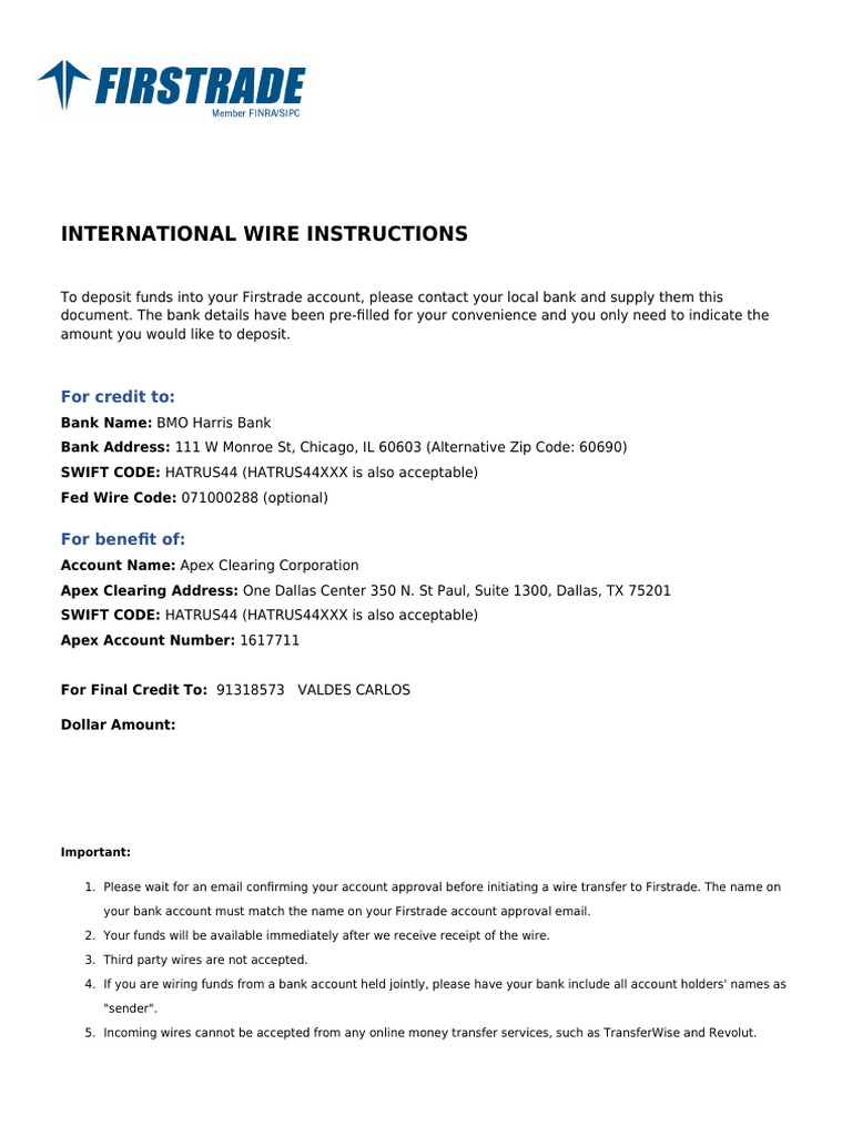 International Wire Transfer Instructions for Depositing Funds into a ...