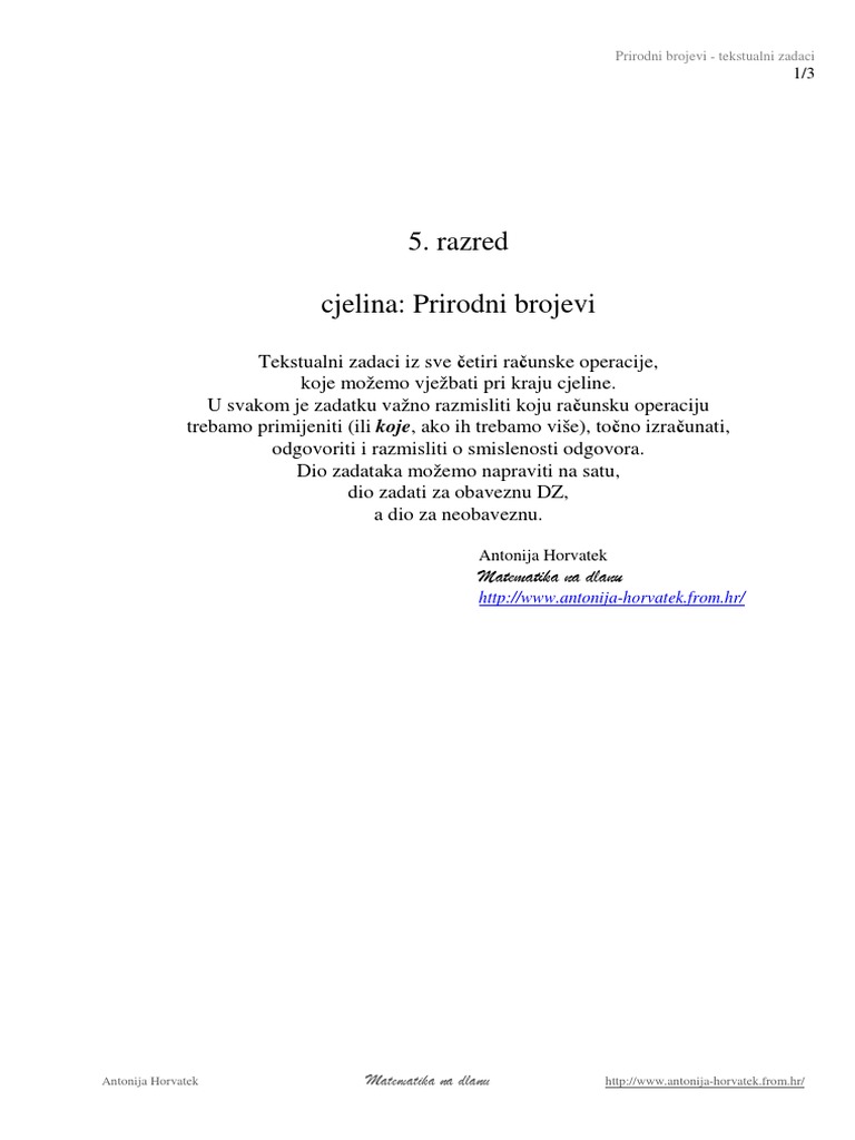 Tekstualni Zadaci Prirodni Brojevi | PDF