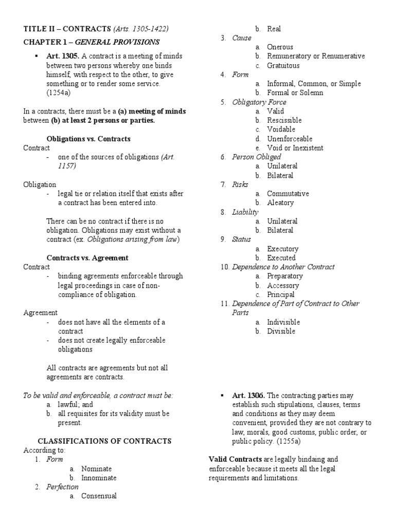 TITLE II - CONTRACTS (Arts. 1305-1422) Chapter 1 - General Provisions ...