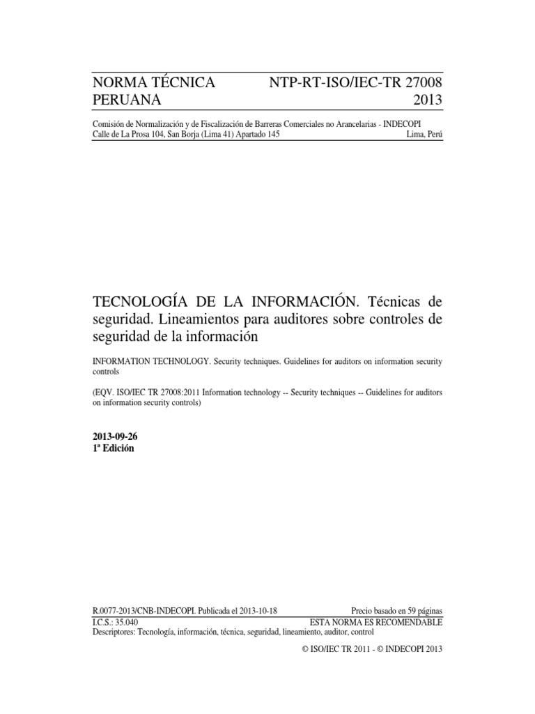 NTP - ISO - 27008 - 2013 Lineamientos Auditores Ctroles SI | PDF ...