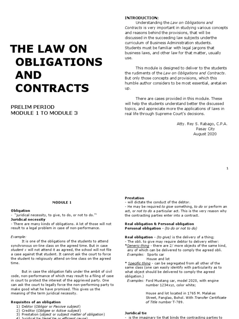 Oblicon - Prelim (Modules 1 To 3) | PDF | Negligence | Law Of Obligations