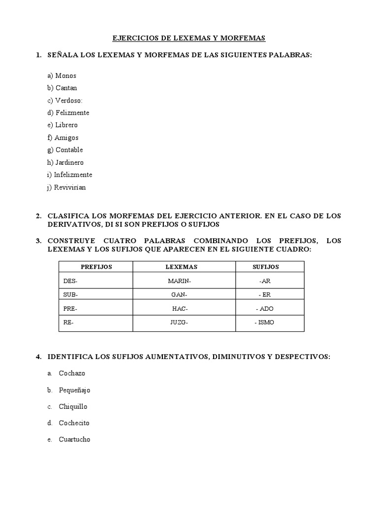 Ejercicios de Lexemas y Morfemas | PDF