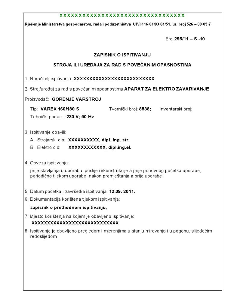 Zapisnik o Ispitivanju Stroja | PDF
