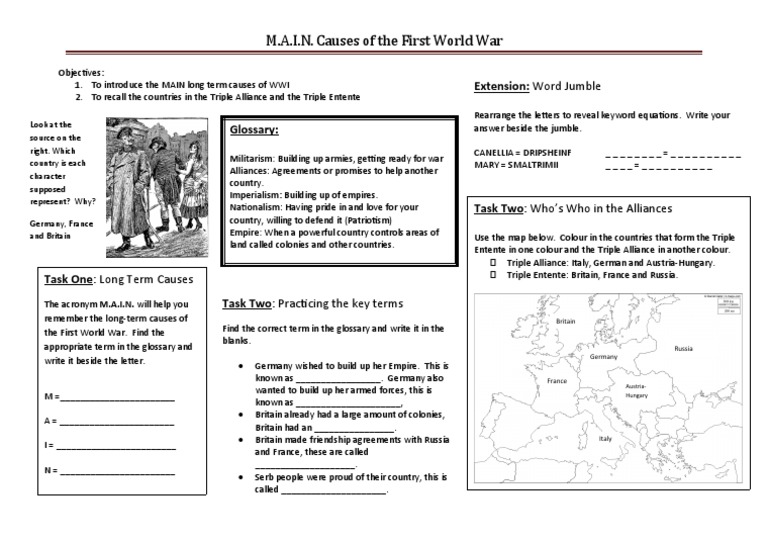 MAIN Causes WWI Worksheet | PDF | Allies Of World War I | World War I