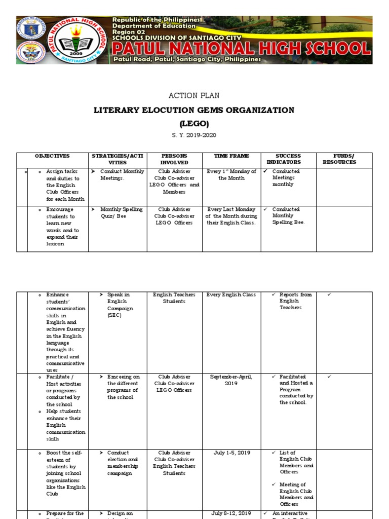 Literary Elocution Gems Organization (LEGO) : Action Plan | Download Free PDF | English Language ...