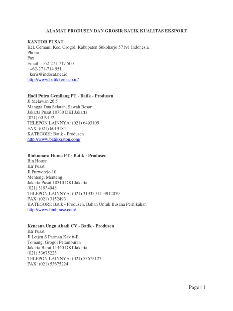 Alamat Produsen Batik Kualitas Eksport | PDF
