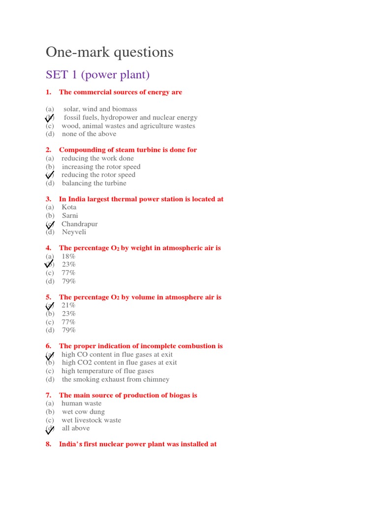 One-Mark Questions: SET 1 (Power Plant) | PDF