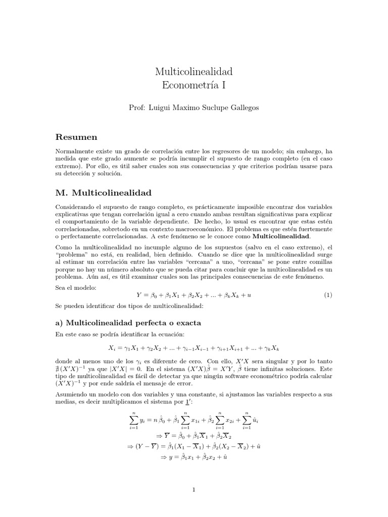 Clase 12 Multicolinealidad - UNI | PDF | Multicolinealidad | Mínimos cuadrados ordinarios