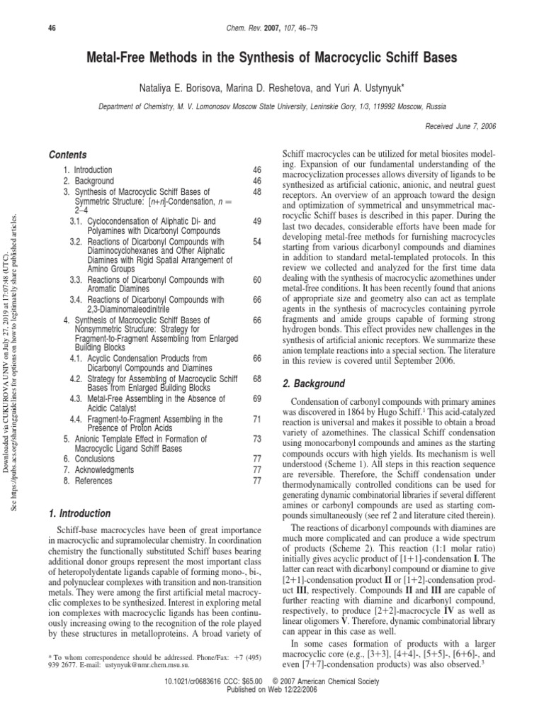 (Asit) Metal-Free Methods in The Synthesis of Macrocyclic Schiff Bases | PDF | Organometallic ...