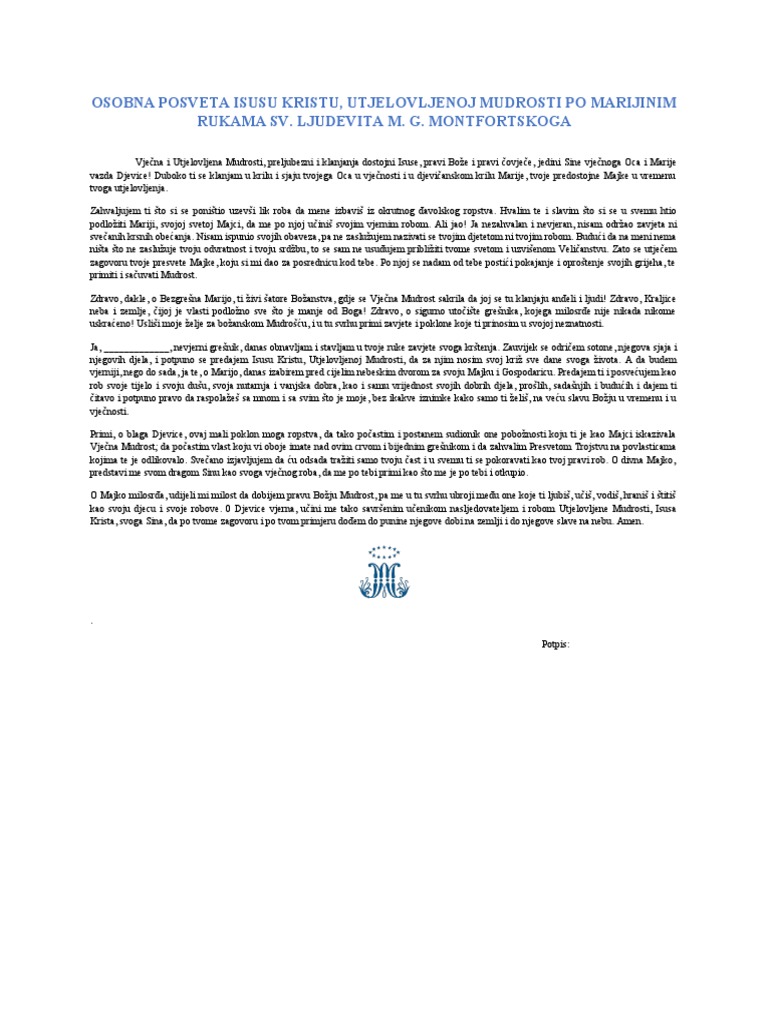 MOLITVA OSOBNE POSVETE ISUSU KRISTU Obrazac | PDF