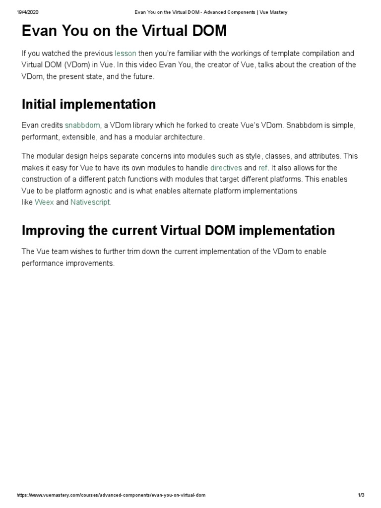 Evan You On The Virtual DOM - Advanced Components - Vue Mastery | PDF | Document Object Model ...